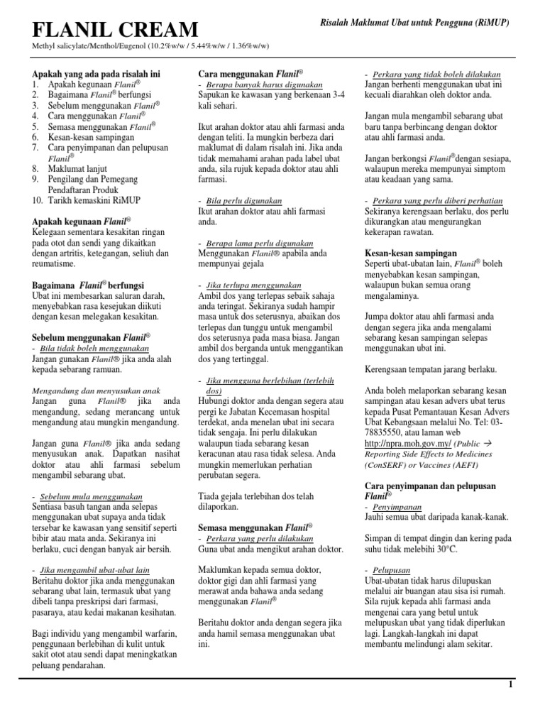 Flanil Cream Methyl Salicylate Menthol Eugenol MEDISPEC M SDN - BHD ...