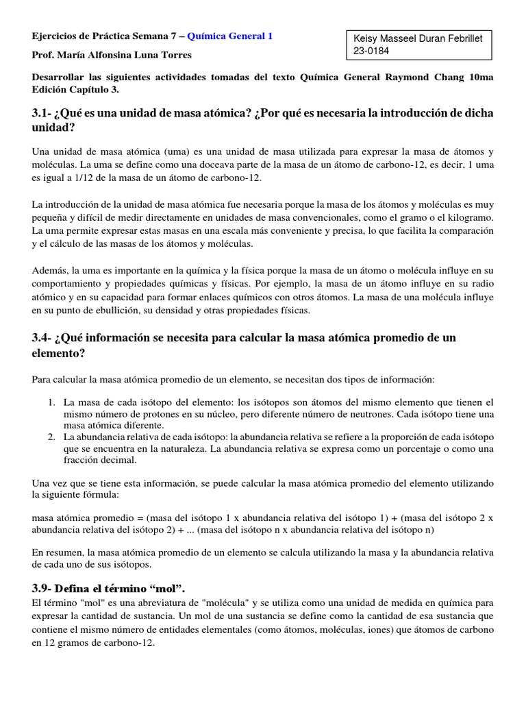 Ejercicios de Práctica Semana 7 | PDF | Mole (Unidad) | Química
