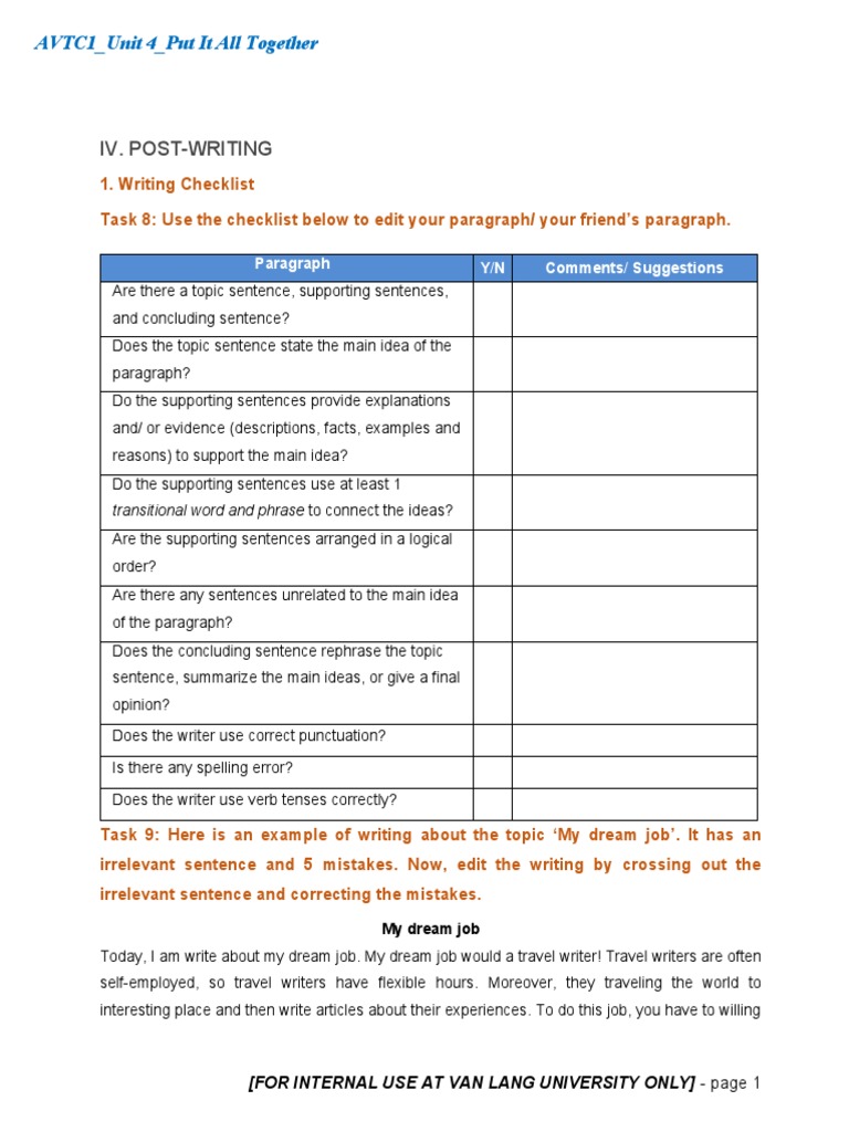 (Official) AVTC1 - Unit 4 - Write A Complete Paragraph - After Class ...
