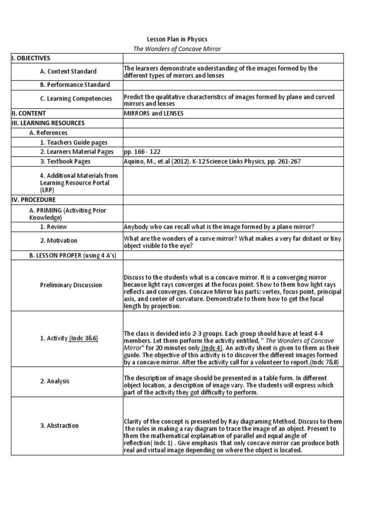 Lesson Plan_wonders of concave mirror | PDF | Mirror | Natural Philosophy