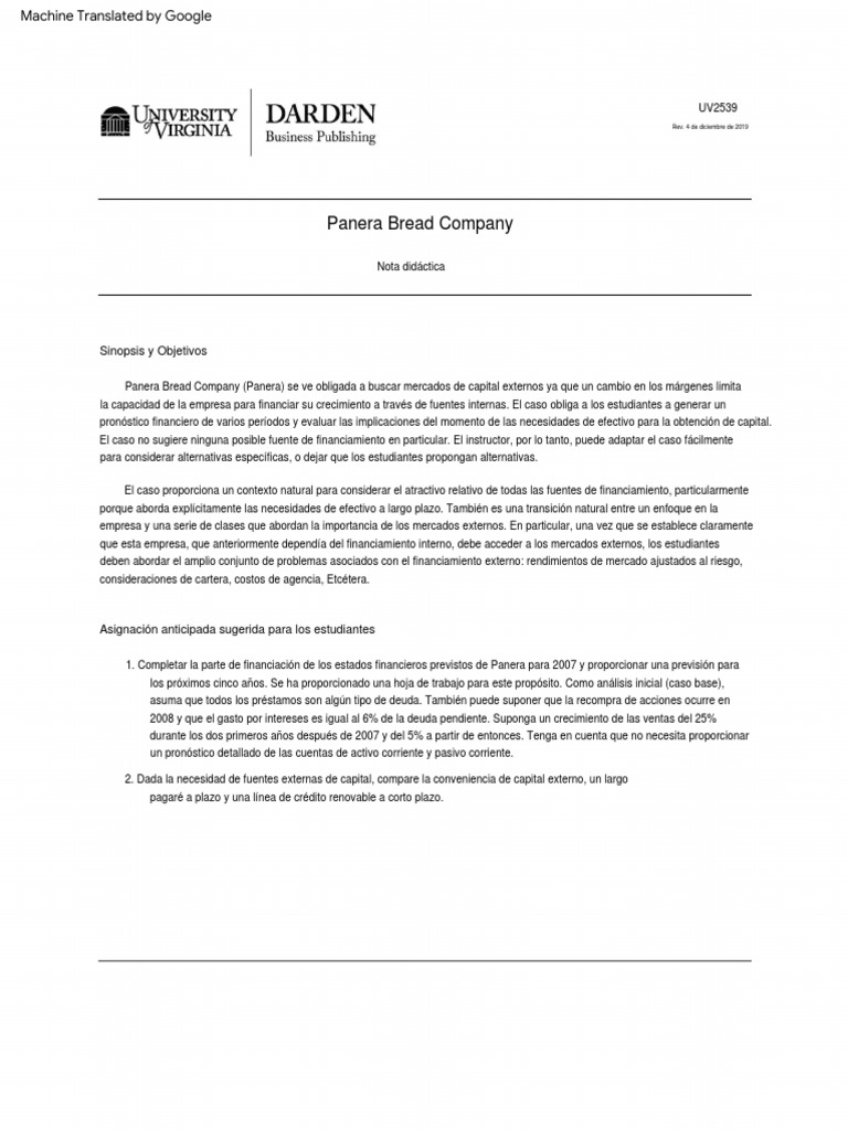 Panera Bread Company Case Solution 5 | PDF | Deuda | Compartir (Finanzas)