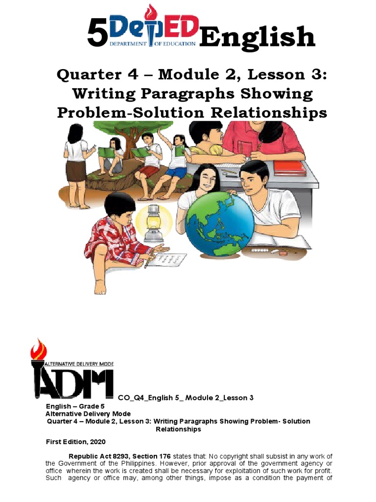 English: Quarter 4 - Module 2, Lesson 3: Writing Paragraphs Showing Problem-Solution ...