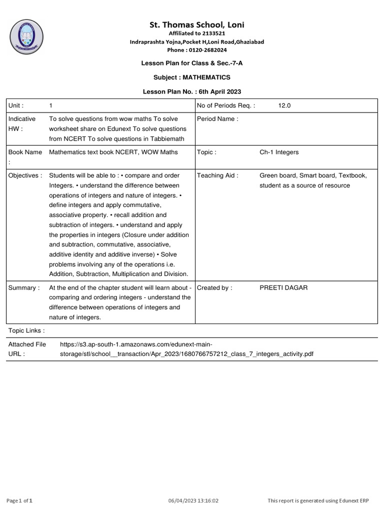 Class 7 Integers Lesson Plan | PDF | Teaching Methods & Materials