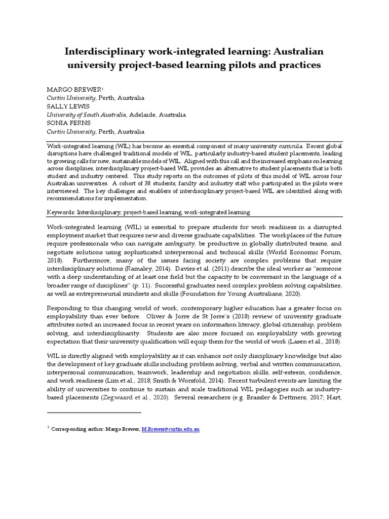 Interdisciplinary Work-Integrated Learning: Australian University Project-Based Learning Pilots ...