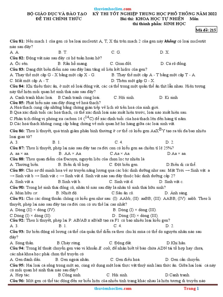 De Thi TN THPT Sinh 2022 Ma de 215 | PDF