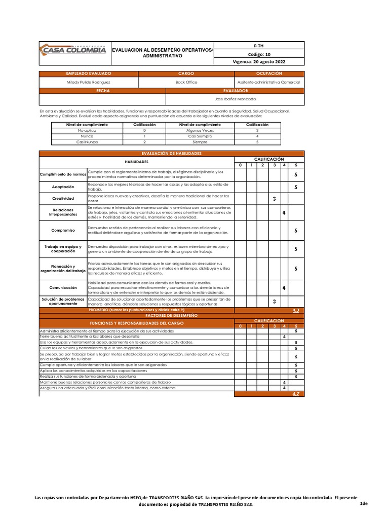 Formato de Evaluacion Al Desempeño Operativos y Administrativo - Back - Pffice Milady Pulido ...