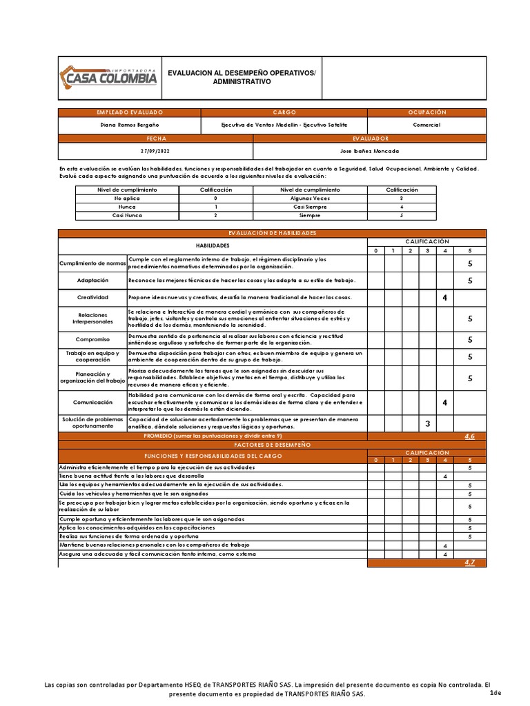 Formato de Evaluacion Al Desempeño Operativos y Administrativo - Diana Ramos Bergaño | PDF ...