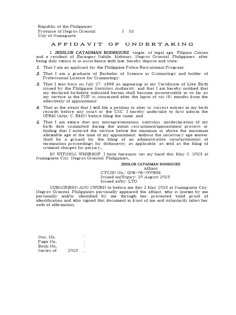 Affidavit of Undertaking For PNP Birth Date - Rodriguez | PDF | Affidavit | Public Law