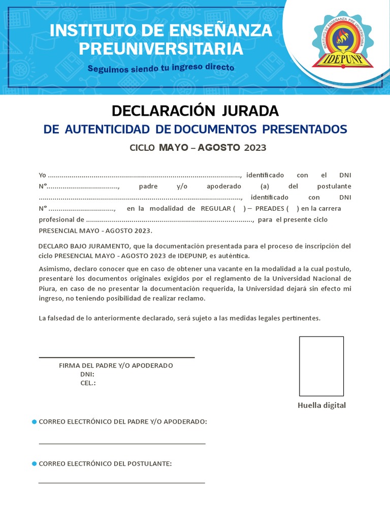 Declaración Jurada de Autenticidad de Documentos - Mayo-Agosto 2023 | PDF | Derecho