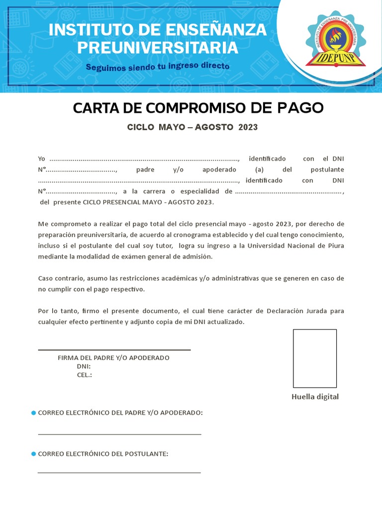 Carta de Compromiso de Pago - Mayo-Agosto 2023 | PDF