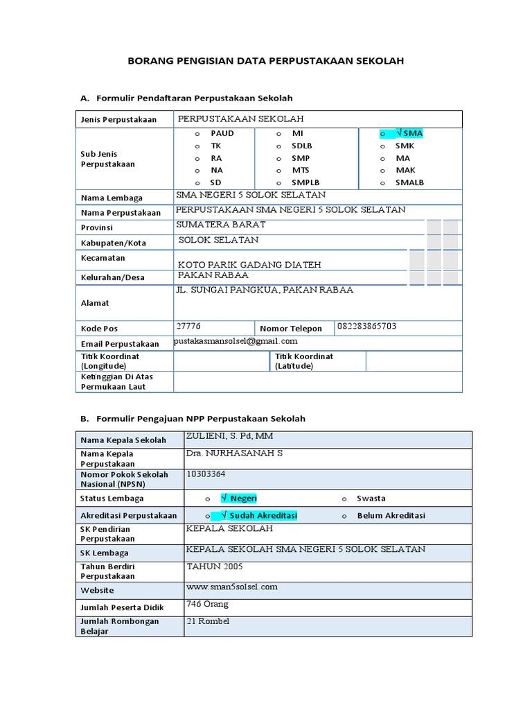 BORANG PENGISIAN DATA PERPUSTAKAAN SEKOLAH | PDF