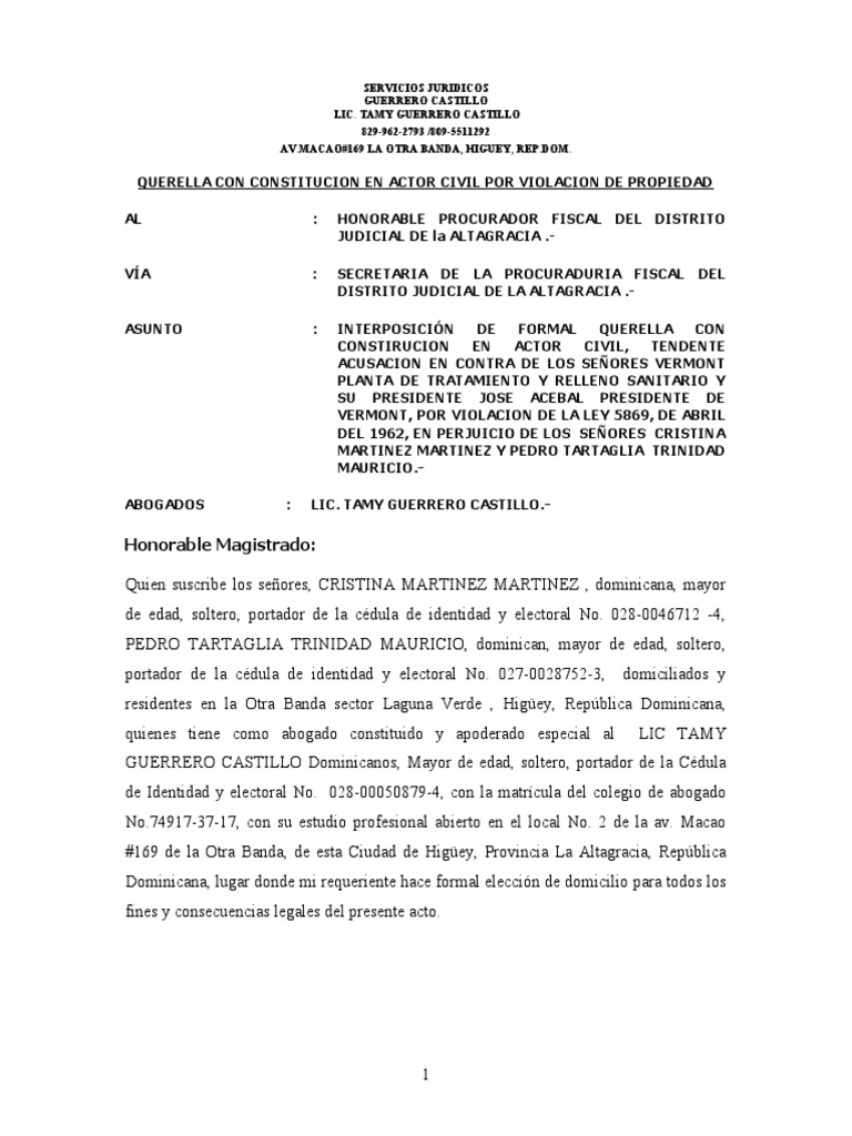 Querella Con Constitucion en Actor Civil Por Violacion de Propiedad2 | PDF | Queja | Derecho penal
