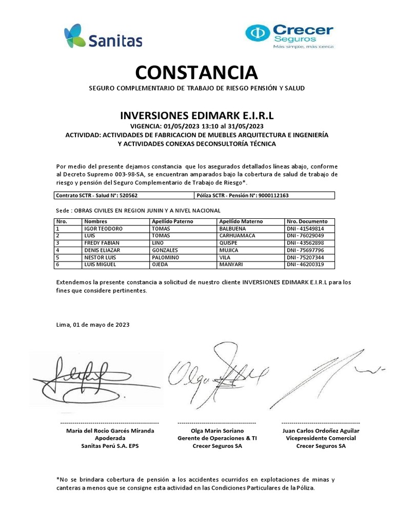 Constacia SCTR (P-S) - Inversiones Edimark Mayo | PDF