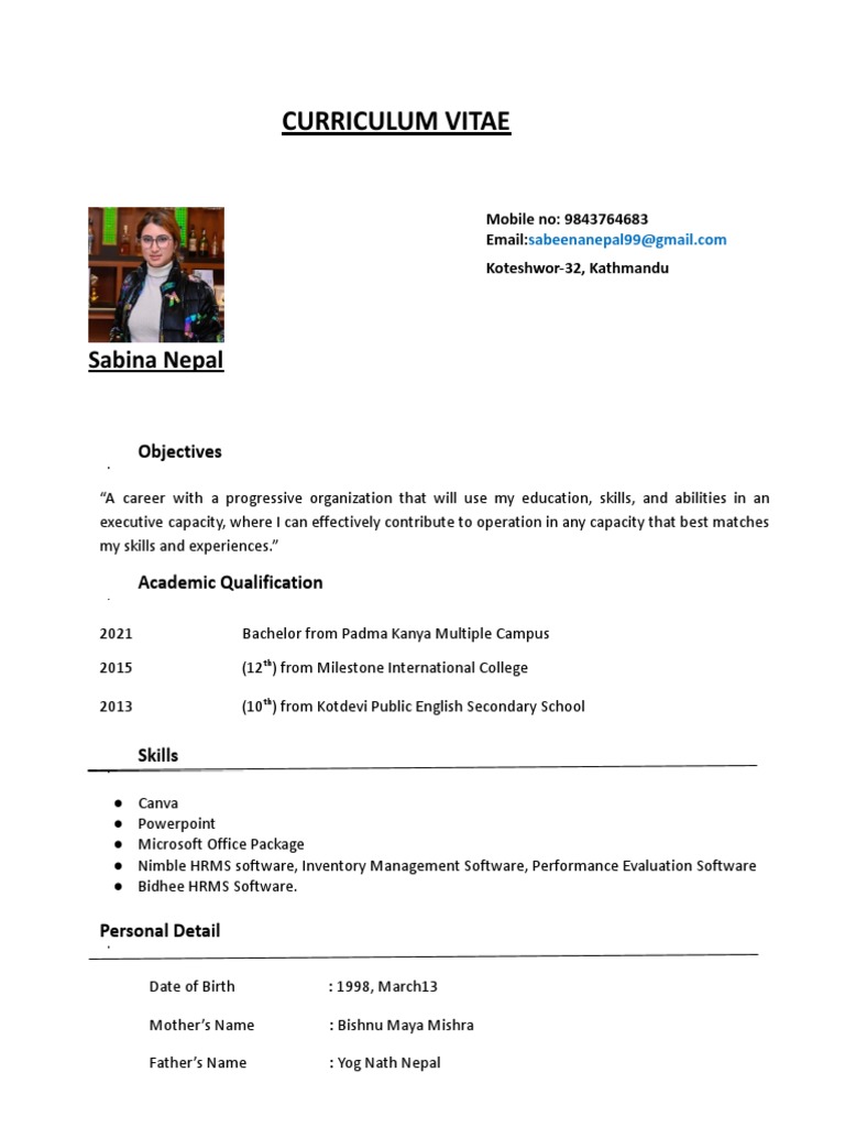 Sabina Nepal CV | PDF | Human Resources | Human Resource Management