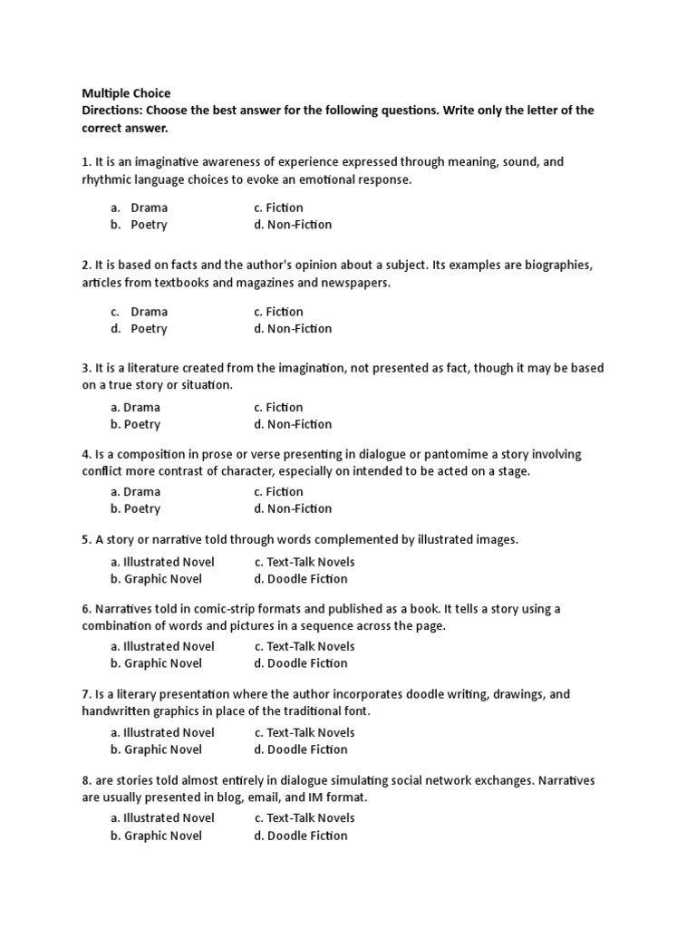 Long Test, Major Literary Genres | PDF | Novels | Shōnen Manga