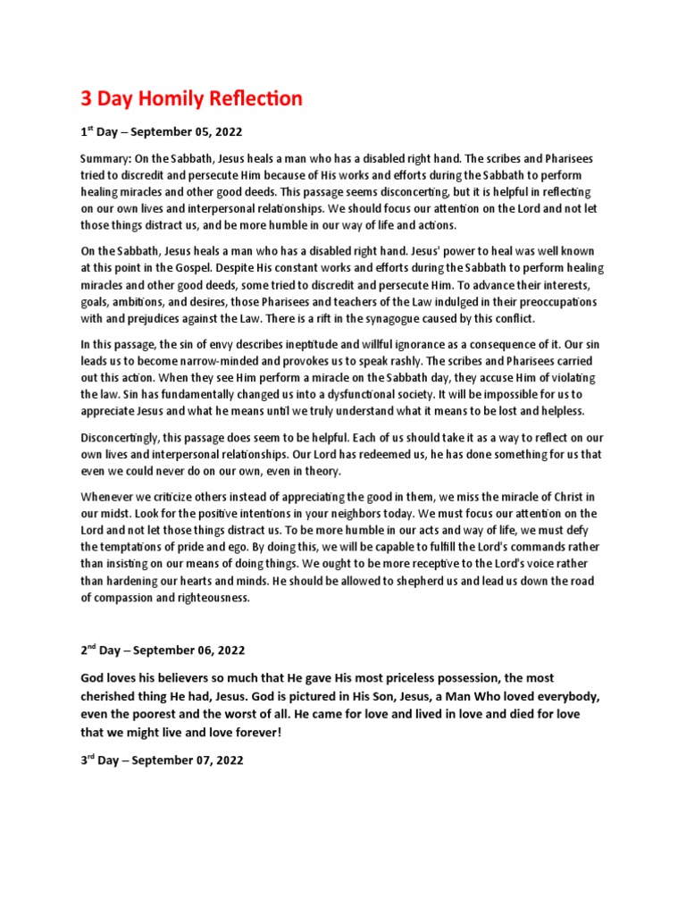 3 Day Homily Reflection | PDF | Jesus | Pharisees