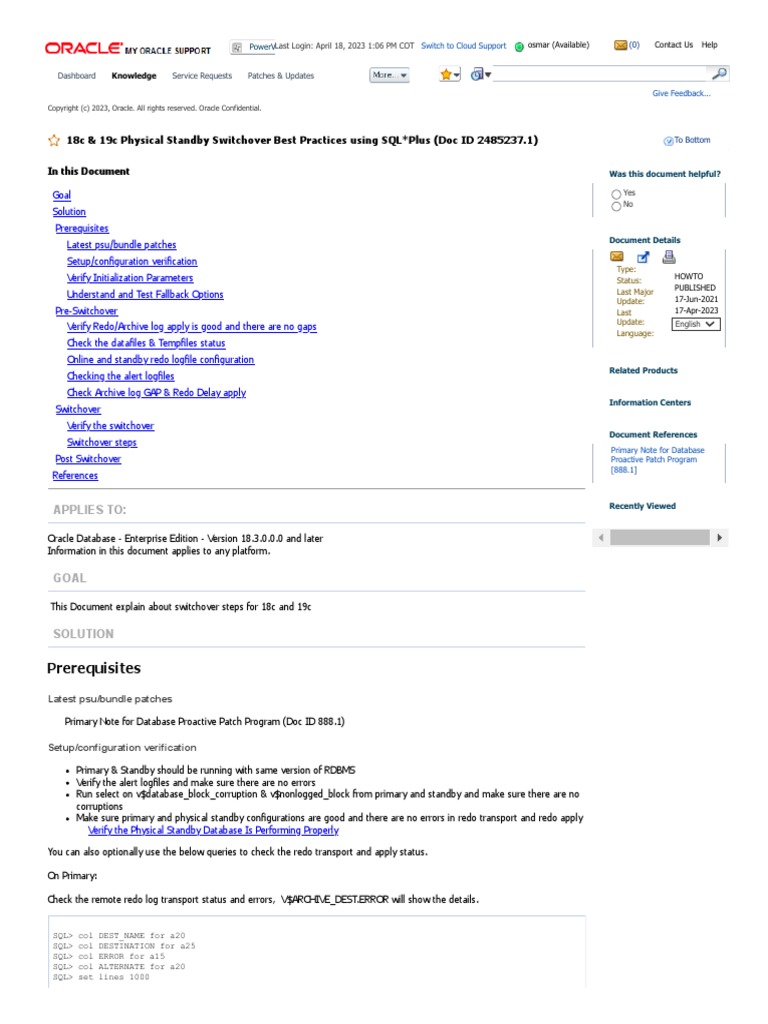 18c & 19c Physical Standby Switchover Best Practices Using SQLPlus | PDF