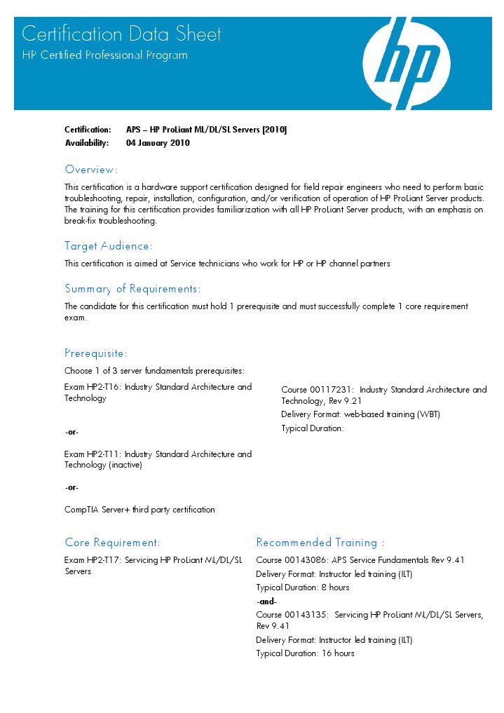 APS Proliant CertSheet | PDF | Professional Certification | Server (Computing)