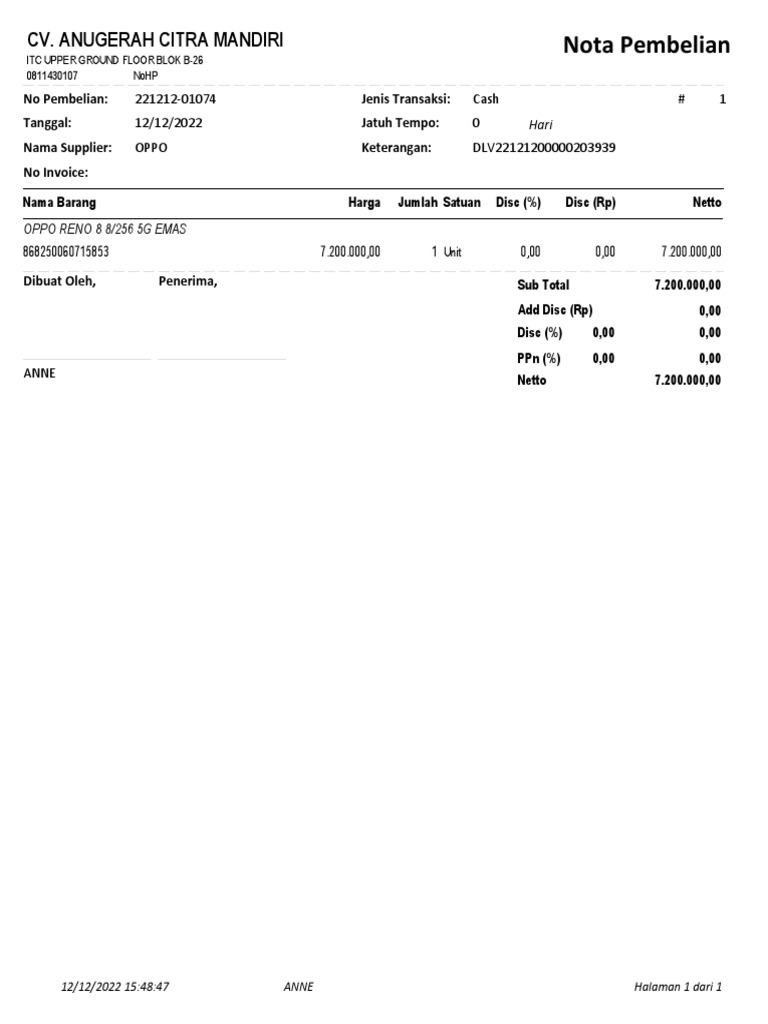 Nota Pembelian: Cv. Anugerah Citra Mandiri | PDF