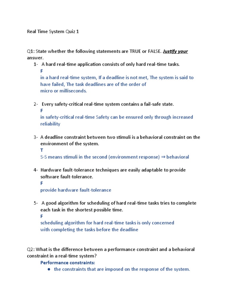 Real Time System Quiz 1 Entesarelbanna 20170295 Pdf Fault Tolerance