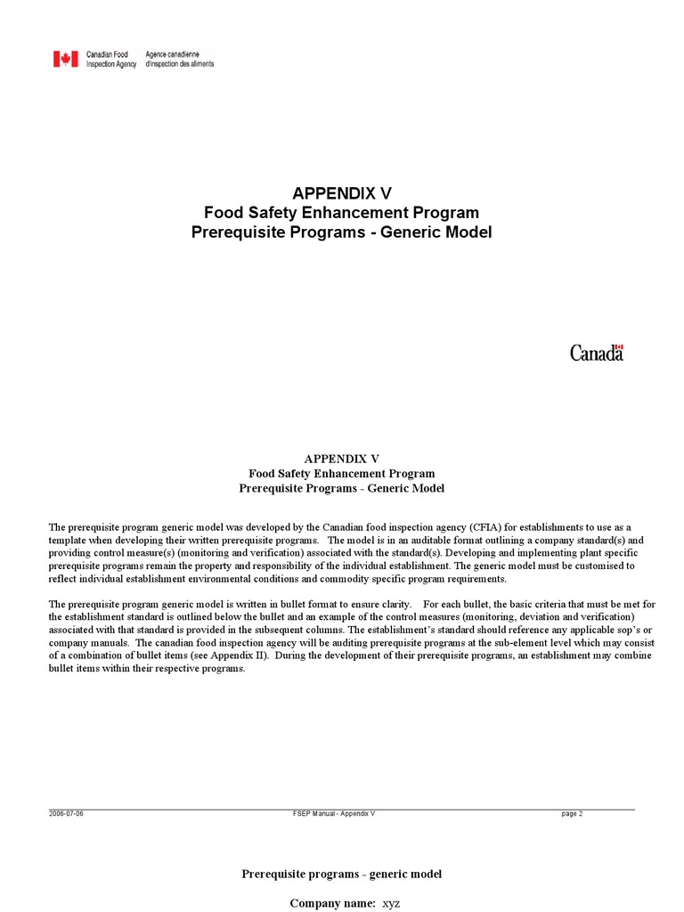 Appendix V Food Safety Enhancement Program Prerequisite Programs ...