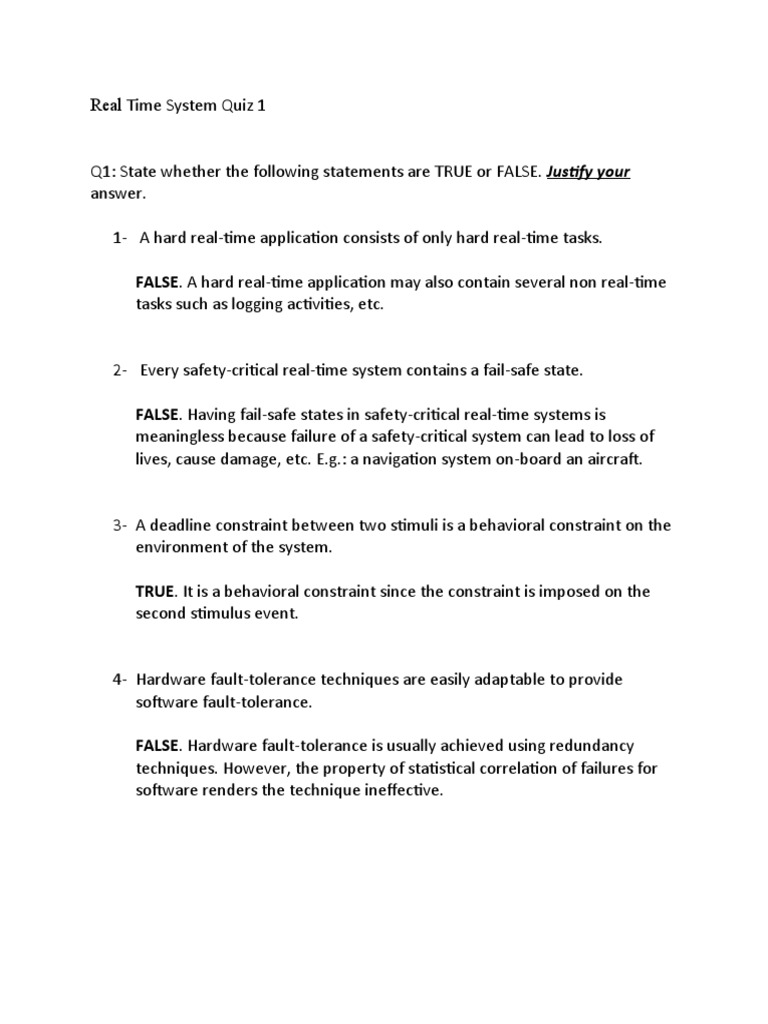 Real Time System Quiz 1 Download Free Pdf System Fault Tolerance