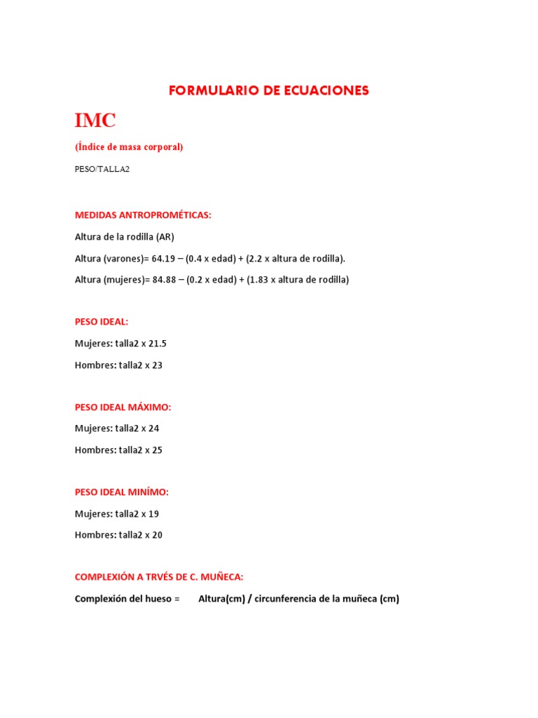Fórmulas Antropométricas y IMC | PDF