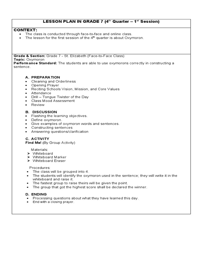 Lesson Plan in Grade 7 (SE & SA) | PDF | Subject (Grammar) | Lesson Plan