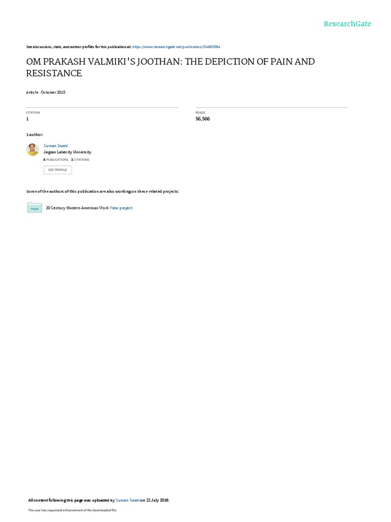 Om Prakash Valmiki'S Joothan: The Depiction of Pain and Resistance ...