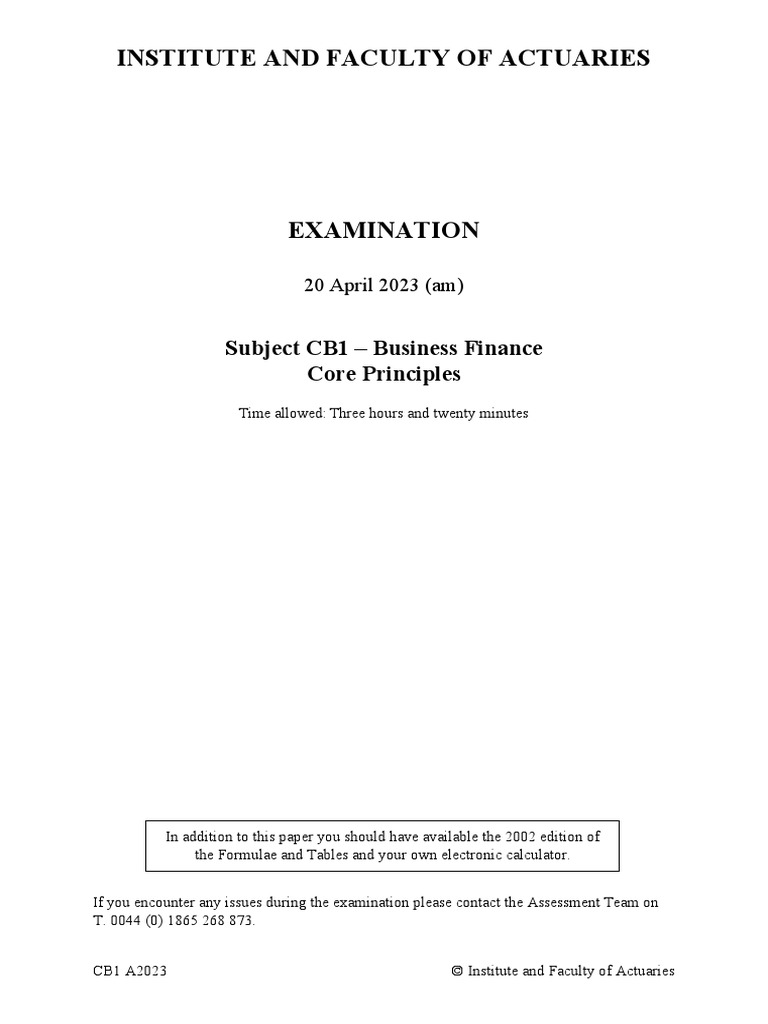 CB1 - April23 - EXAM - Clean Proof | PDF | Equity (Finance) | Insurance