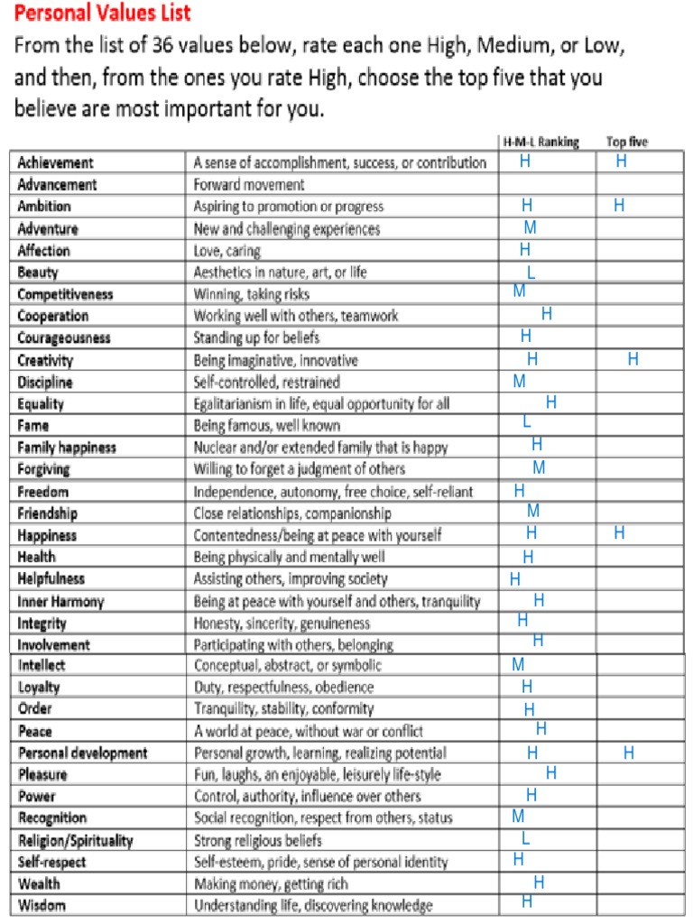 Values Exercise | PDF