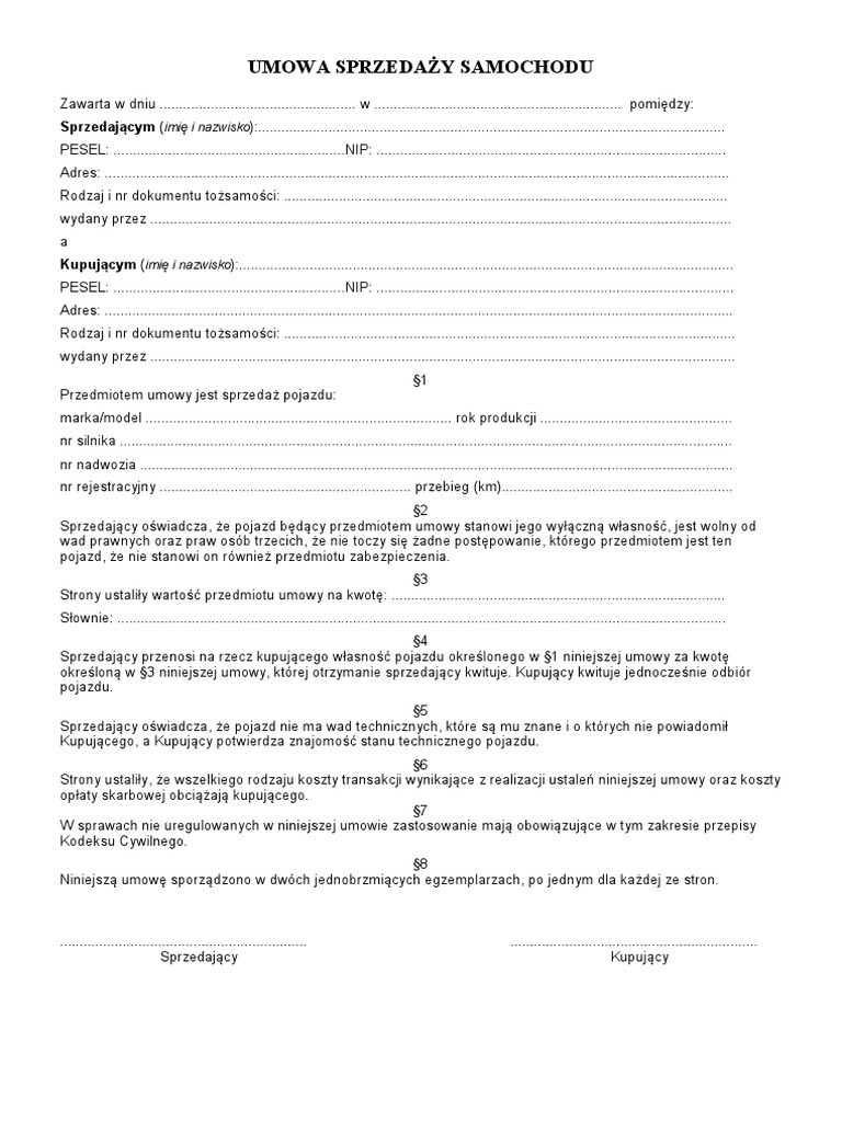Umowa Kupna Sprzedaży Wzór | PDF