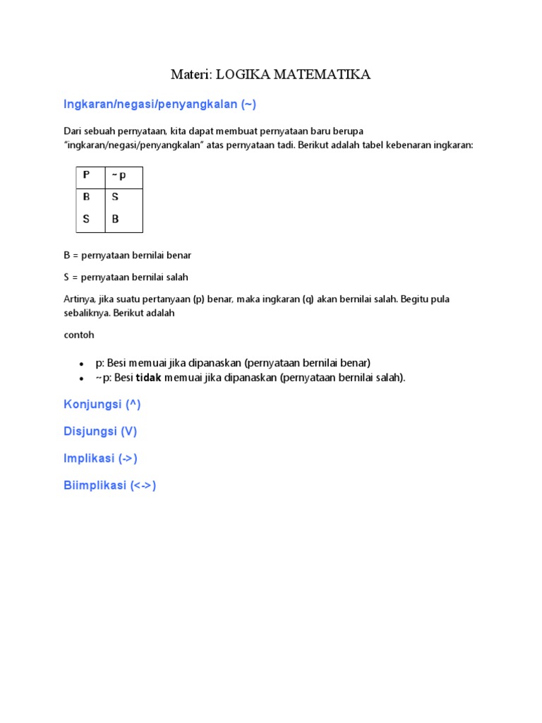 Materi: Logika Matematika: Ingkaran/negasi/penyangkalan ( ) | PDF ...