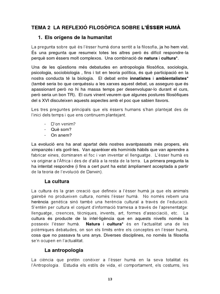 Tema 2 - La Reflexió Filosòfica Sobre L'ésser Humà | PDF