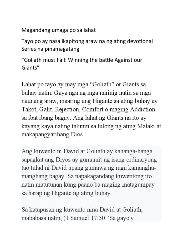 Mga Aral mula sa Pakikipaglaban ni David Final | PDF