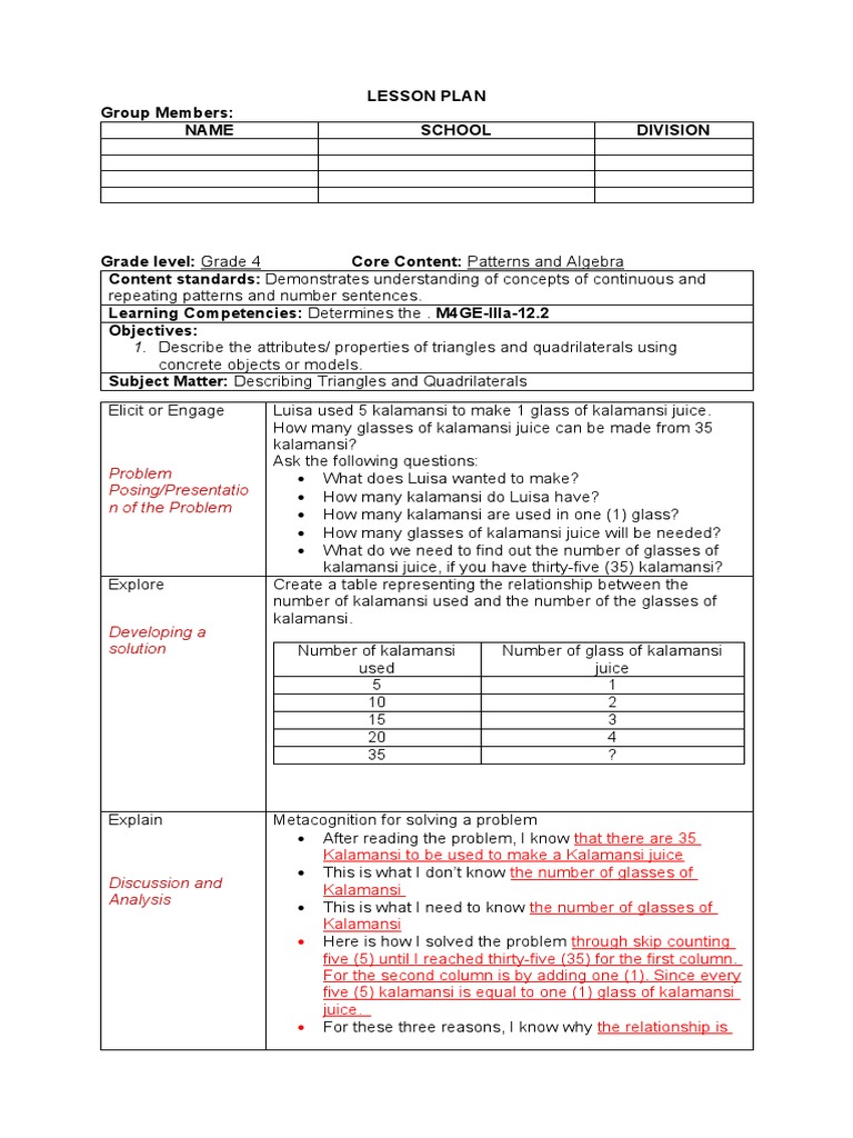LESSON PLAN Math | Download Free PDF | Lesson Plan | Learning
