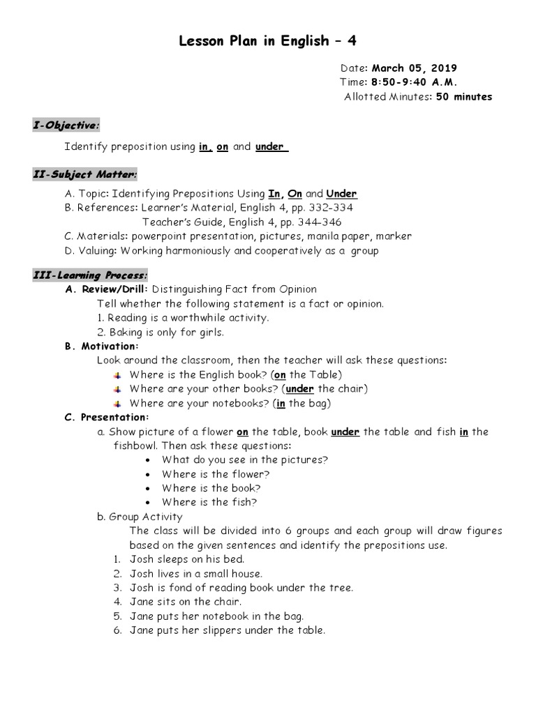 Lesson Plan in English-4 | Download Free PDF | Preposition And Postposition | Object (Grammar)