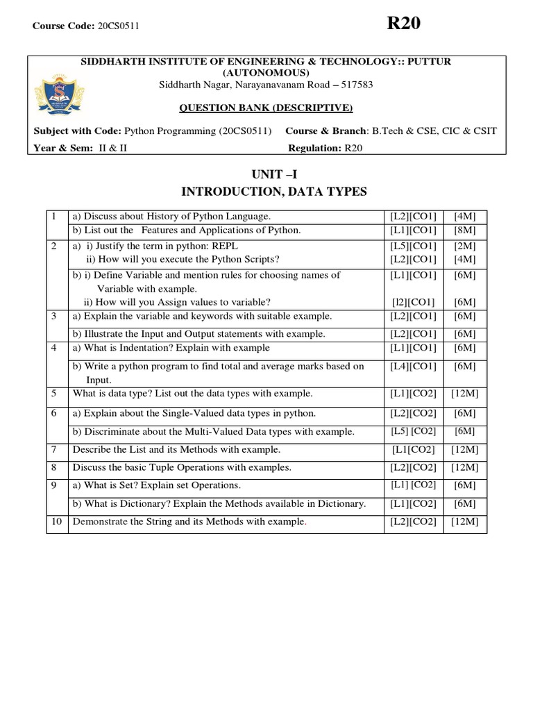 20cs0511 Python Programming Pdf