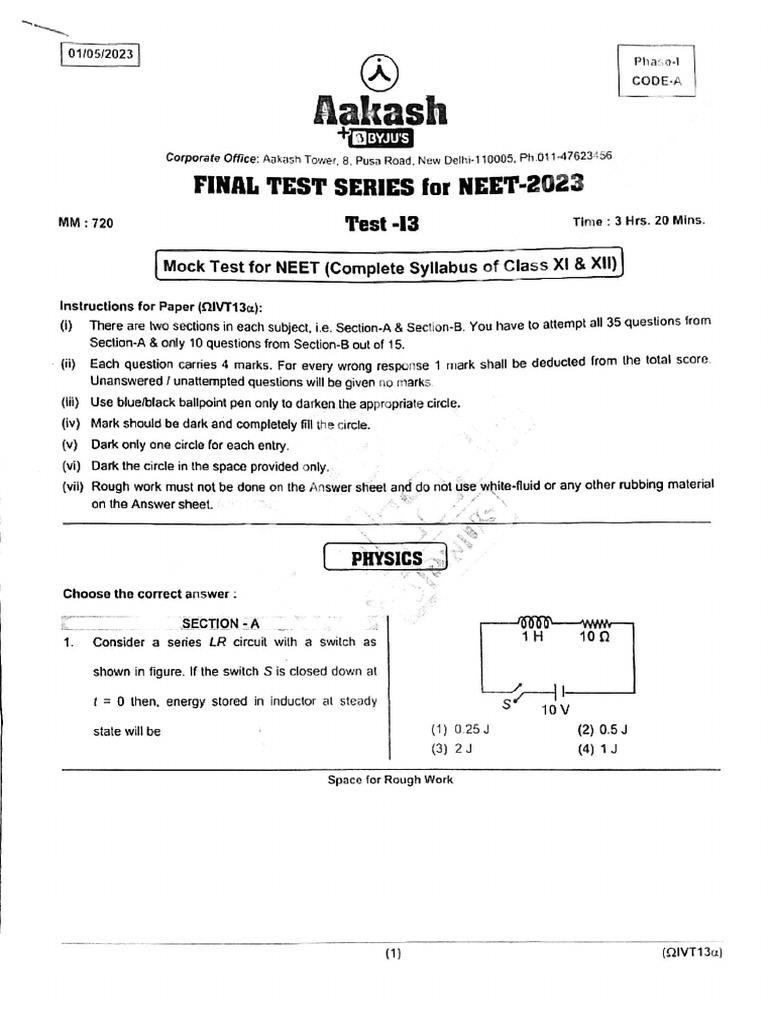FTS - 13 (Code A) @aakash - Test - Papers - 2023 PDF | PDF
