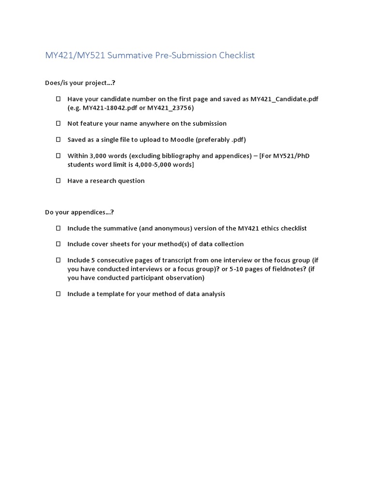 MY421-MY521 - Presubmission Checklist PDF | PDF