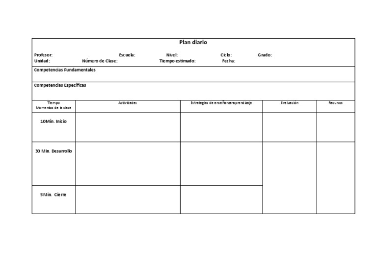 Planilla de Planificación Diaria. Plan Clase A Clase | PDF