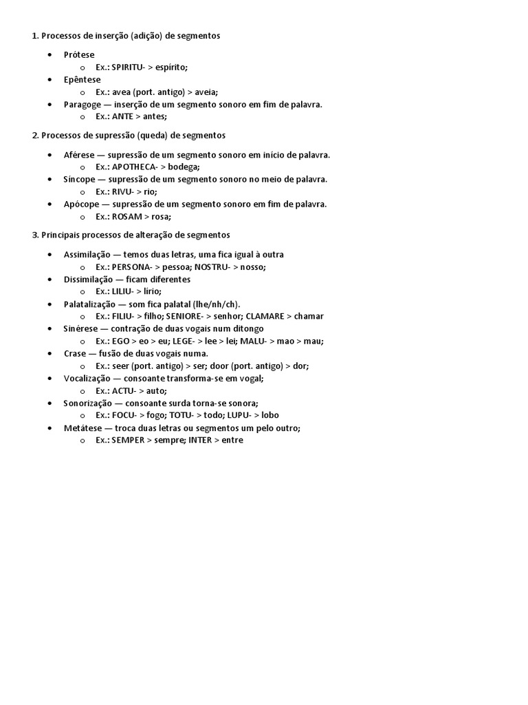 Processos Fonológicos na Evolução das Palavras | PDF | Linguística ...