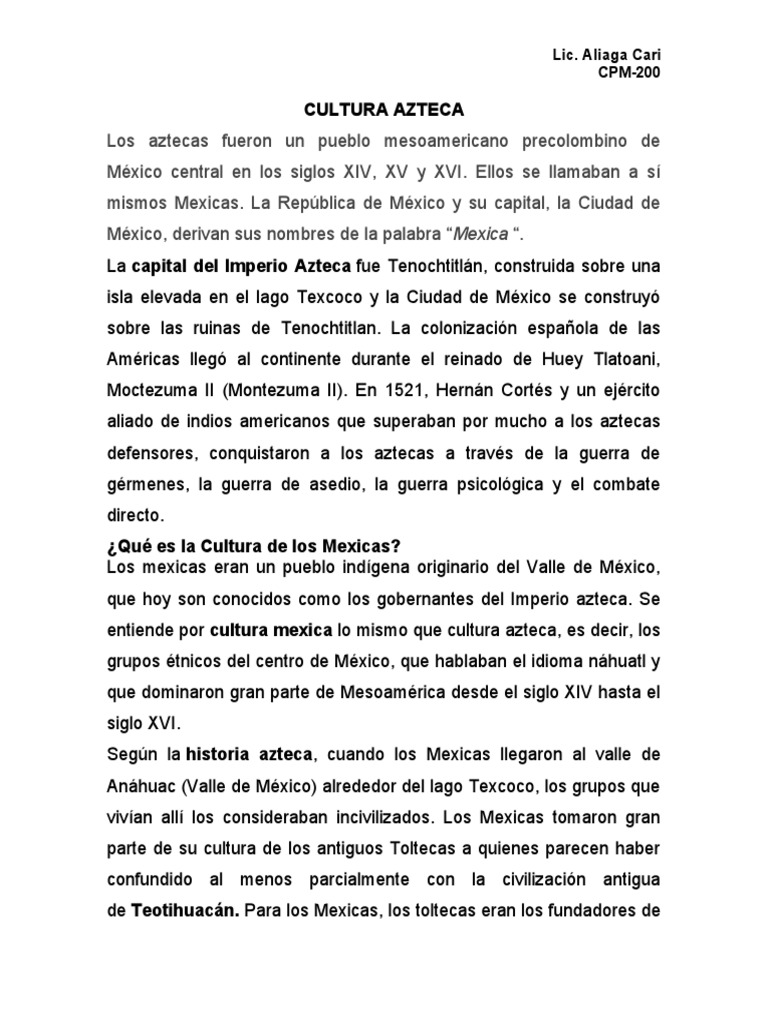 Cultura Azteca | PDF | Mesoamérica | Hernán Cortés