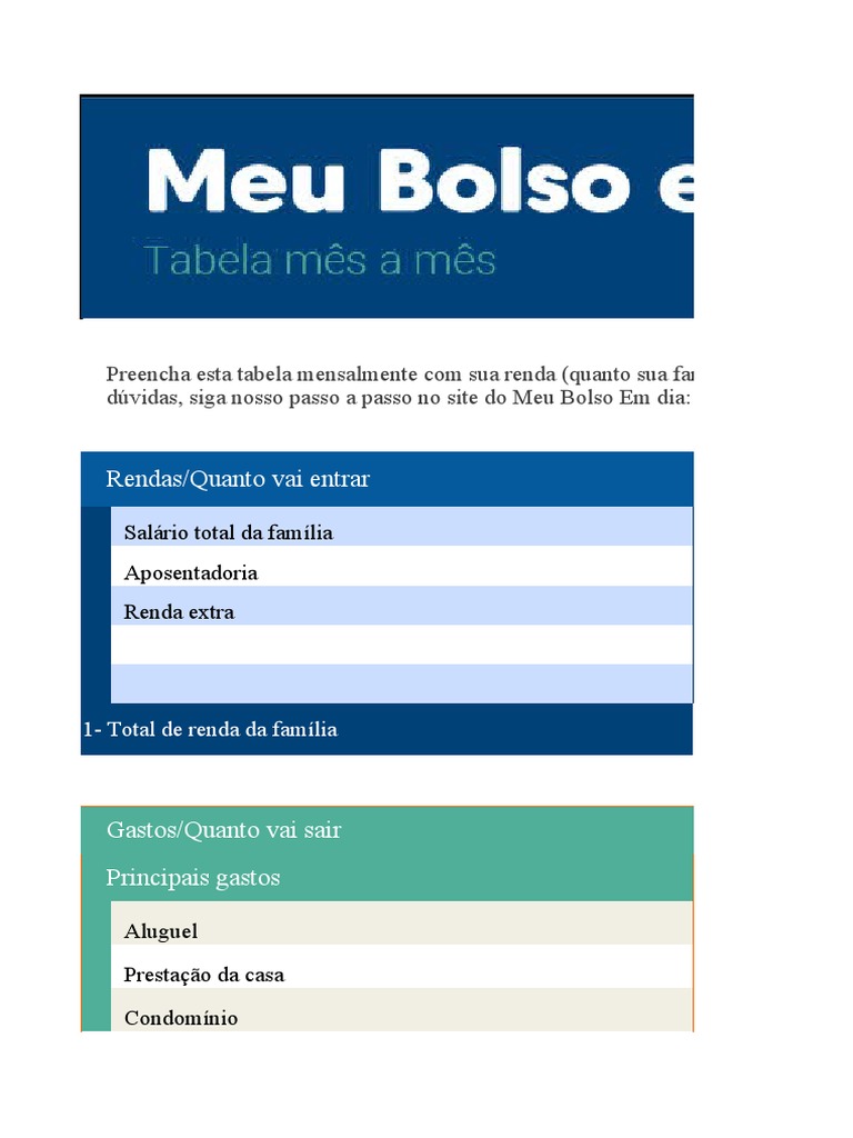 Planilha Familiar Meu Bolso em Dia | PDF