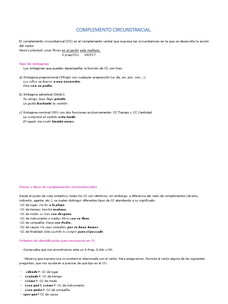 Tipos y funciones del complemento circunstancial | PDF | Mecánica del ...