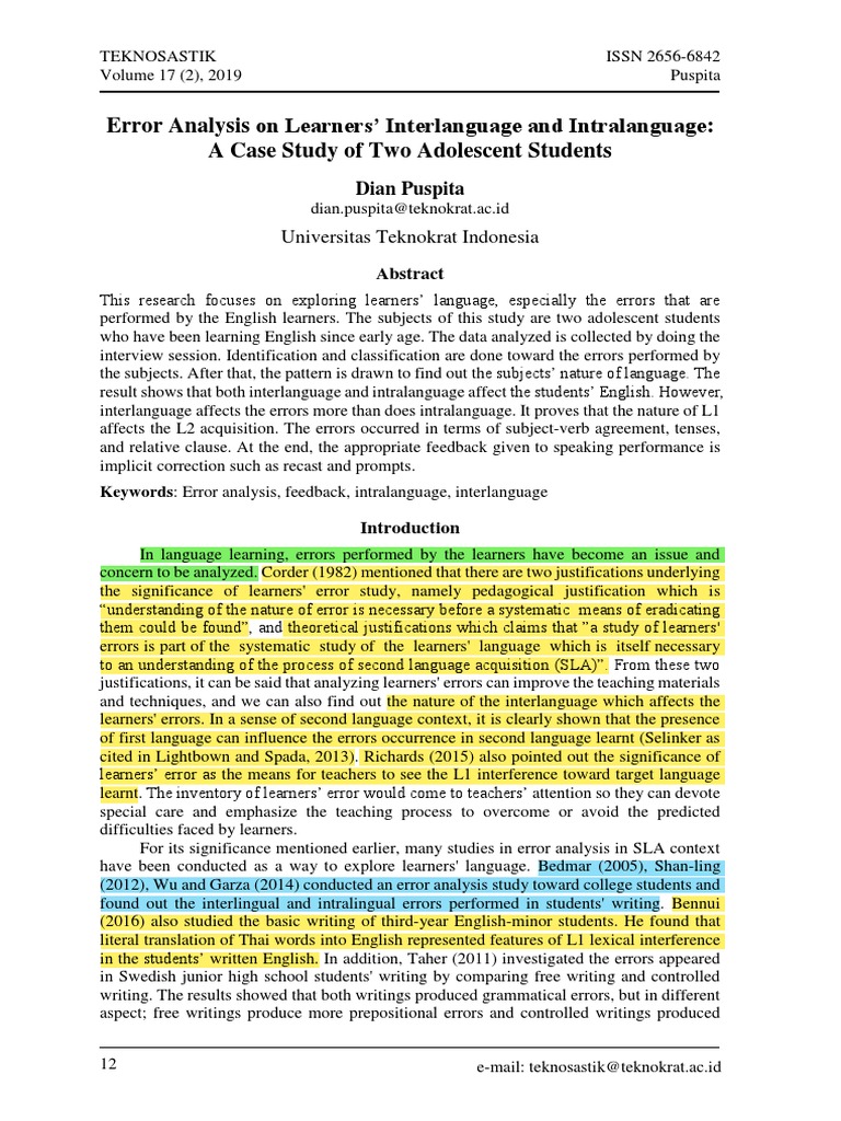 An Analysis of Interlanguage and Intralanguage Errors in the Speaking Performance of Two ...