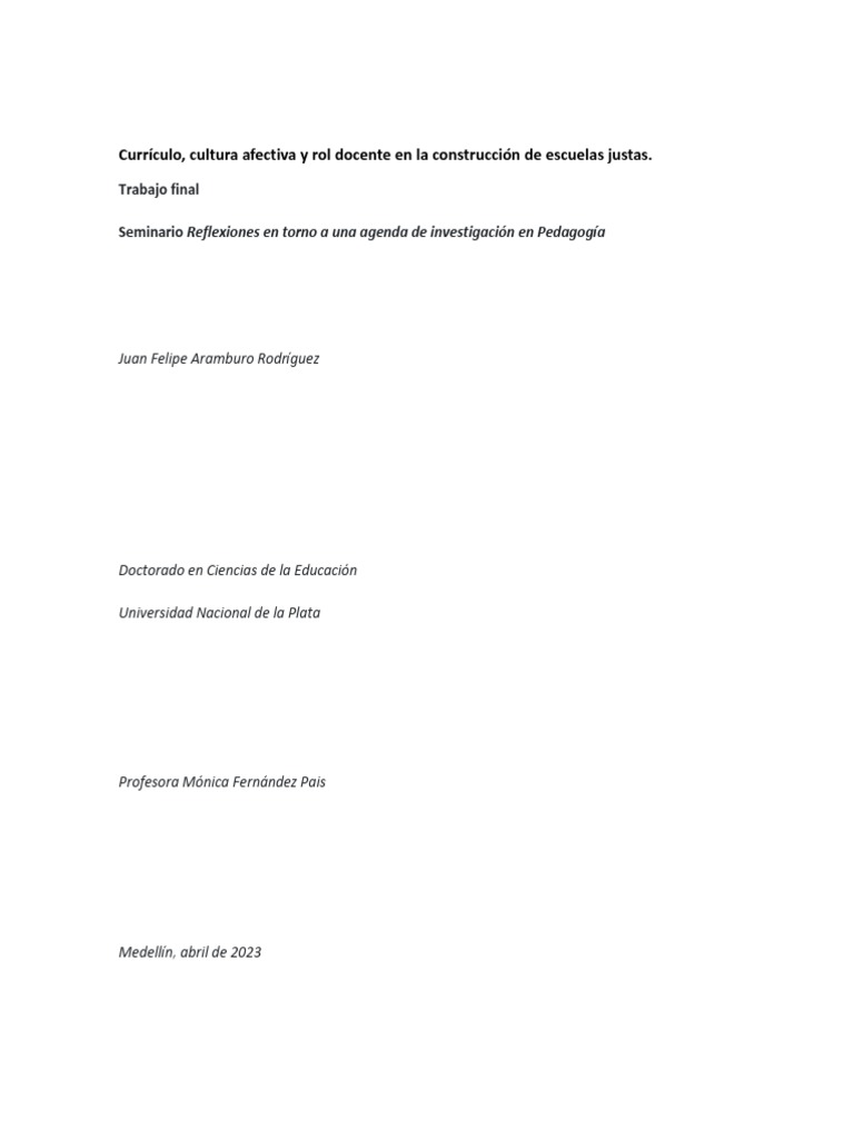 Currículo, Cultura Afectiva y Rol Docente en La Construcción de Escuelas Justas PDF | PDF | Plan ...