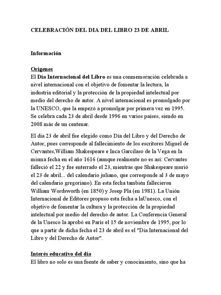Celebración Del Dia Del Libro 23 de Abril | PDF