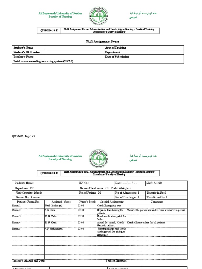 20-Shift Assignment Form - Administration and Leadership in Nursing ...