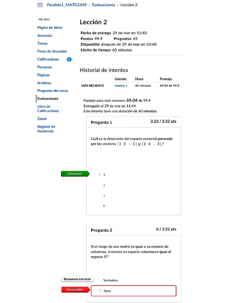 ALGEBRA LINEAL Leccion 2 (Respuestas Correctas) | PDF